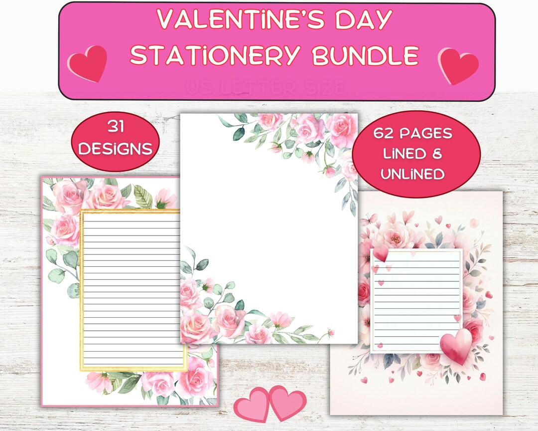 Valentine's Day BUNDLE of Printable Stationery, 31 Designs, 62 Pages ...