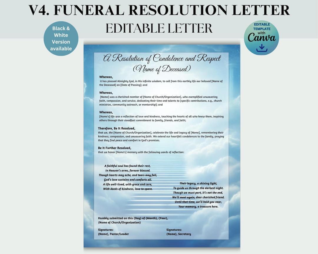 A Funeral Resolution Letter of Condolence and Respect, Use in Your ...