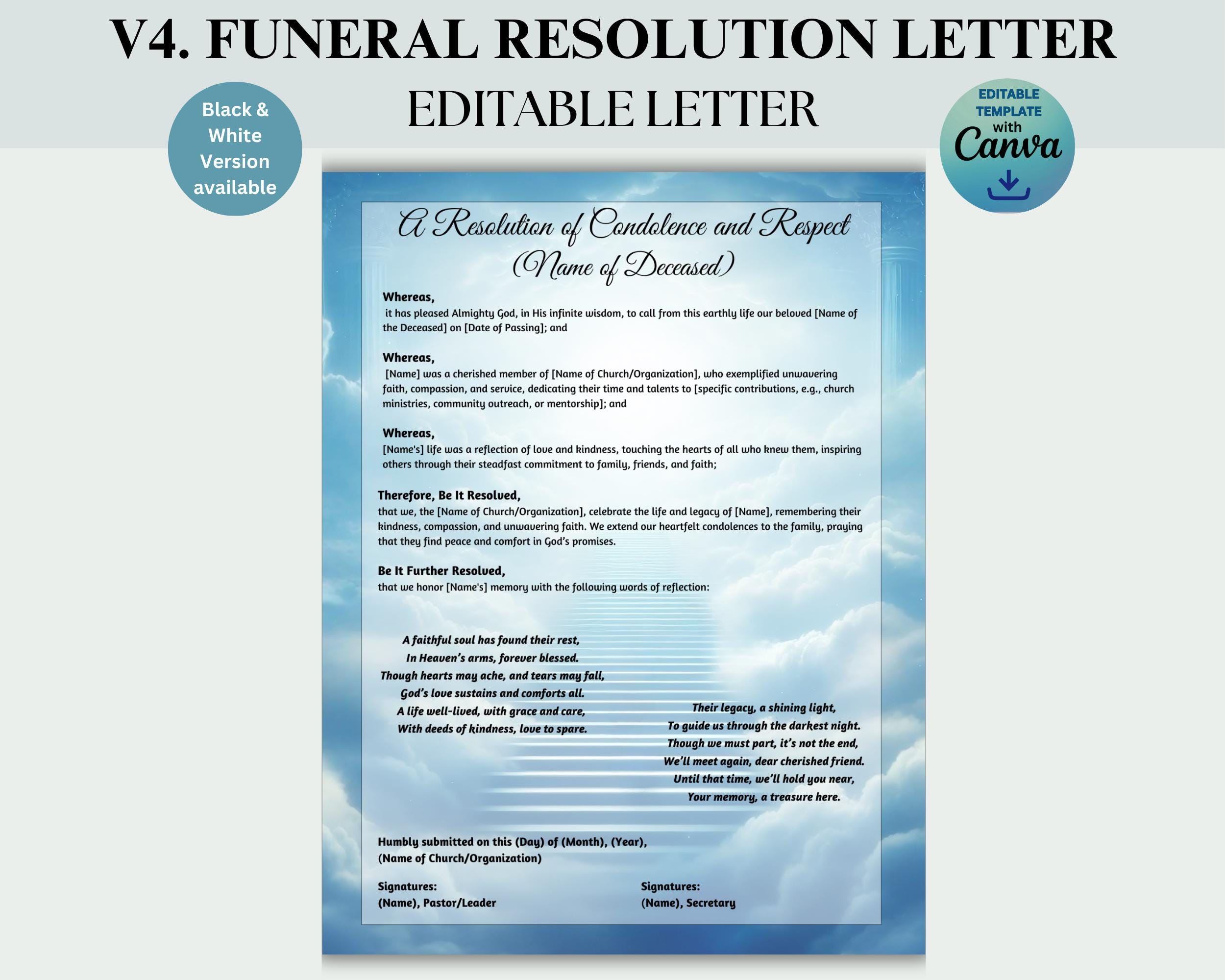 A Funeral Resolution Letter of Condolence and Respect, Use in Your ...