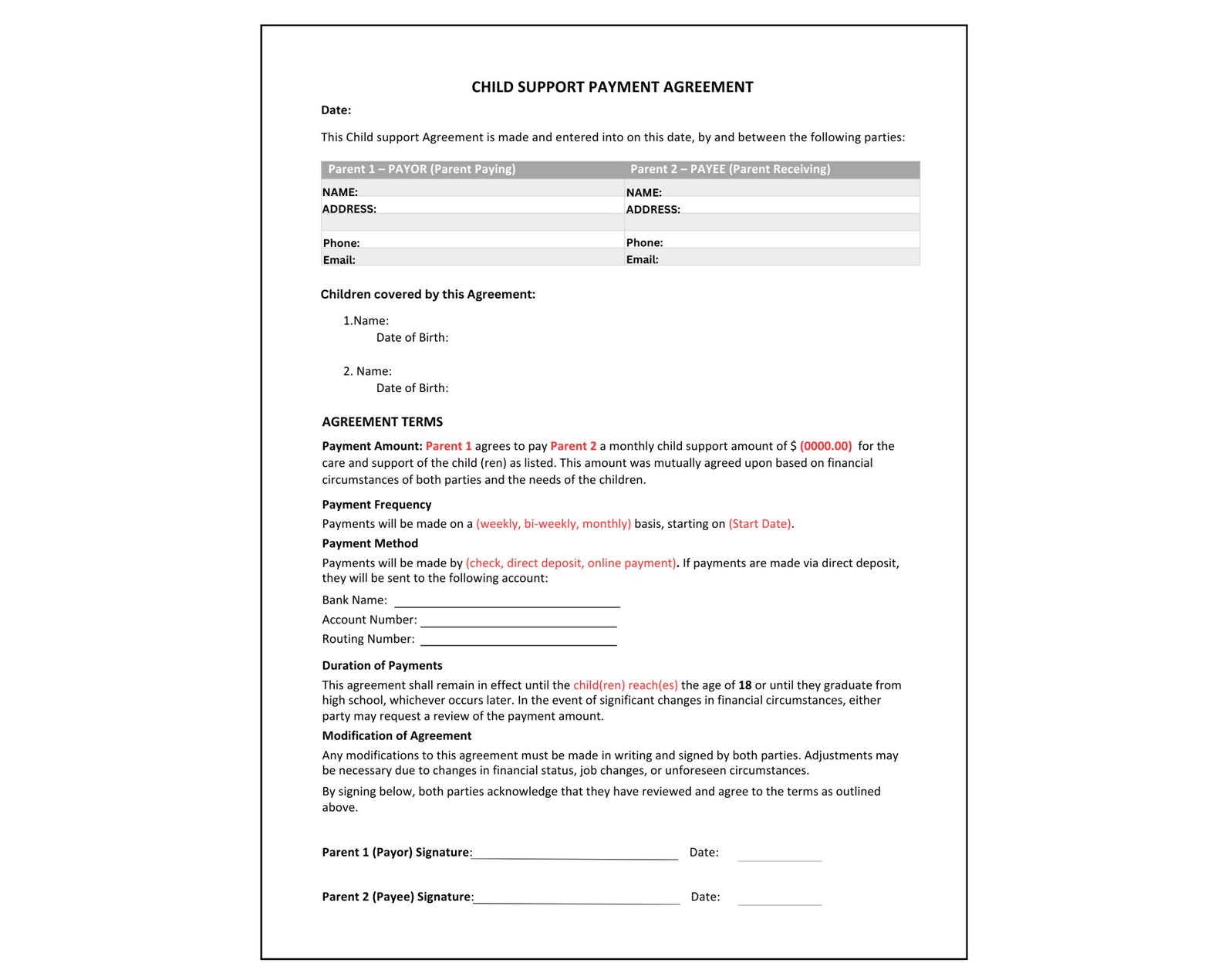 Editable Child Support Payment Agreement Letter - Personalize With Ease ...