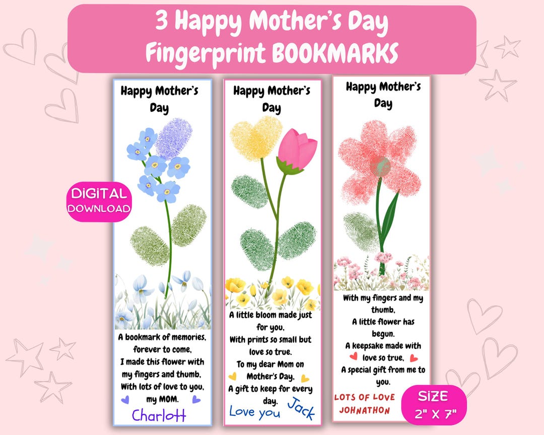 Mother's Day Printable Bookmark, Kids Fingerprint Art for Mothers Day ...