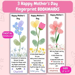 Mother's Day Printable Bookmark, Kids Fingerprint Art for Mothers Day ...