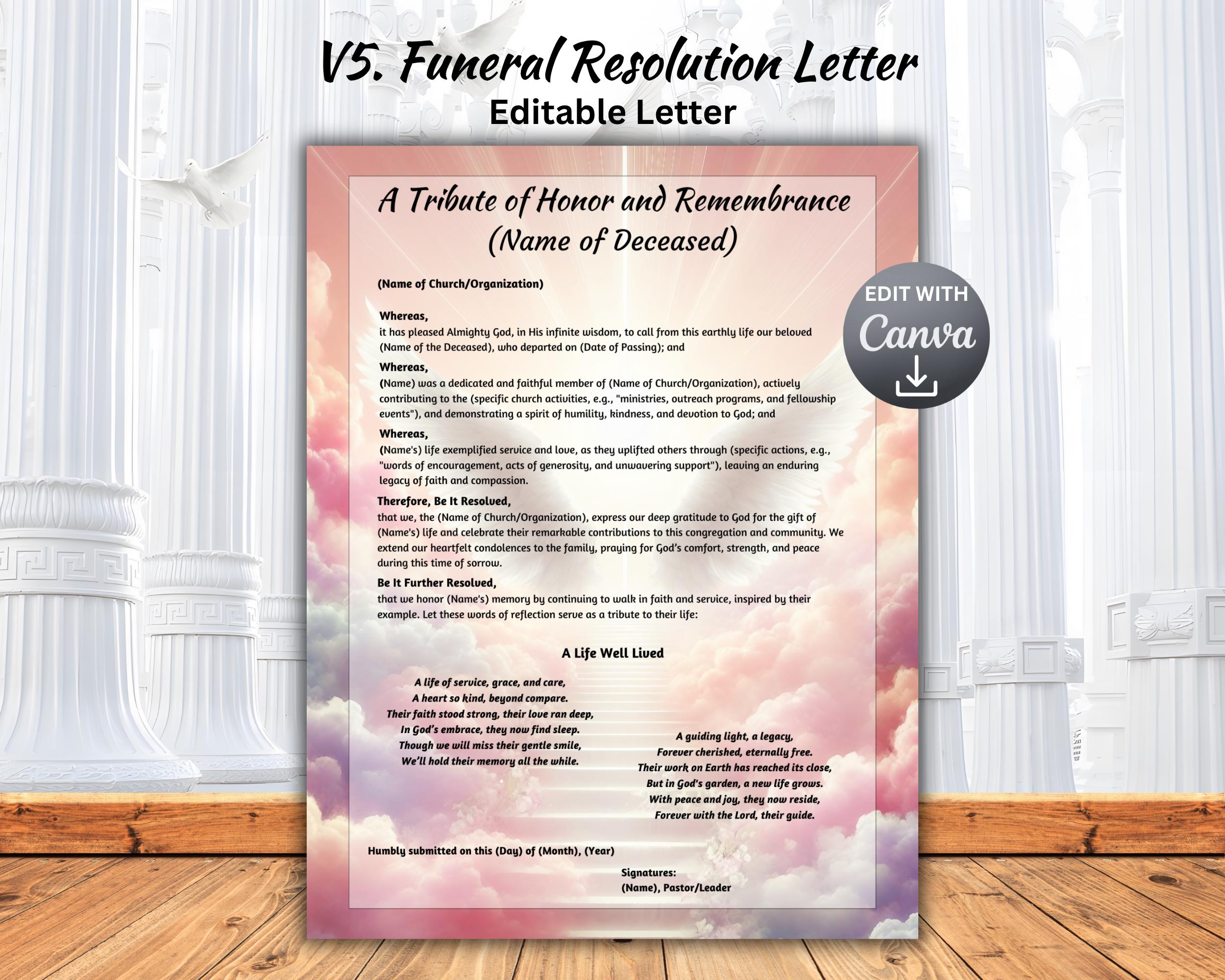 Funeral Resolution Letter A Tribute of Honor and Remembrance, an ...