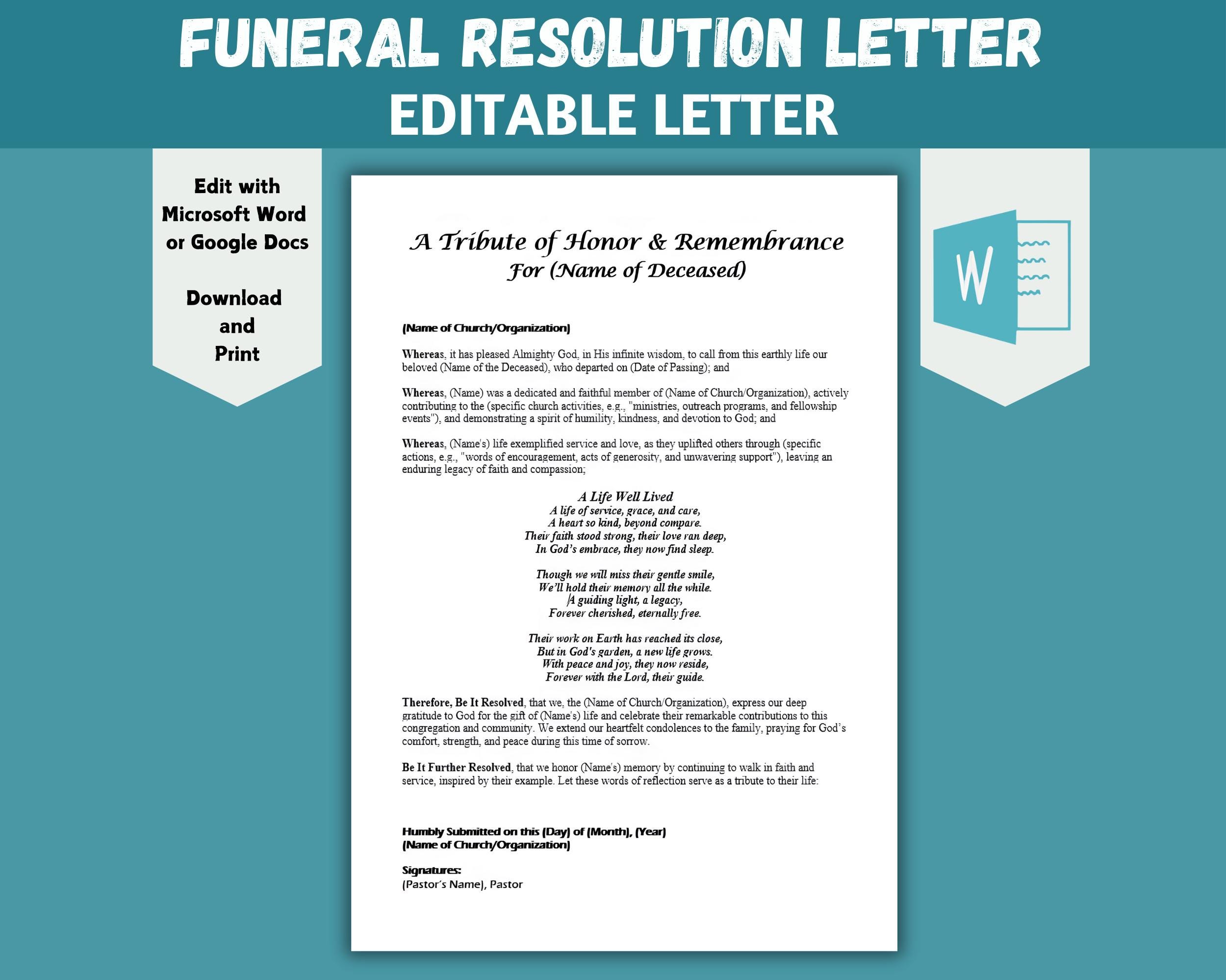 Editable Funeral Resolution Letter A Tribute of Honor and Remembrance ...