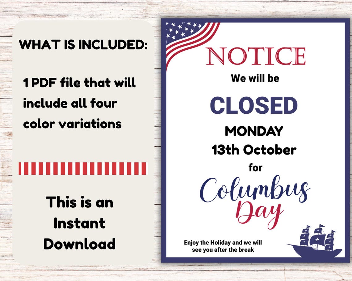 Columbus Day Closed Sign for Door Printable Sign, Closed on Columbus ...
