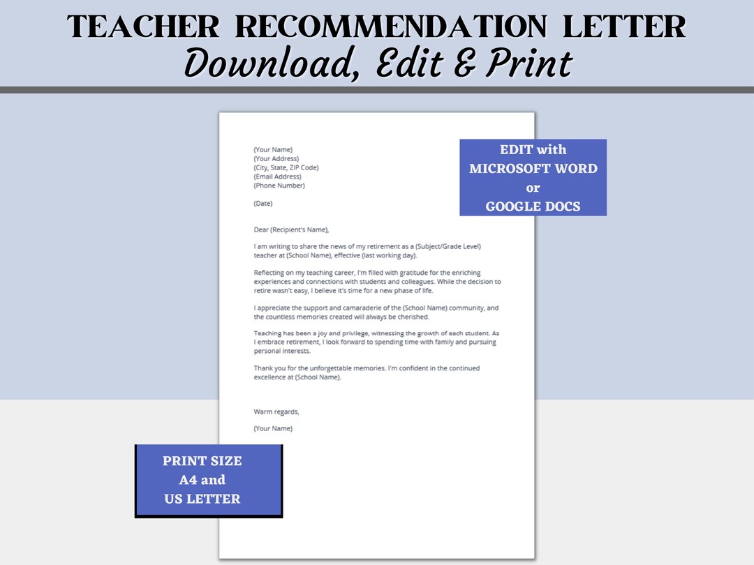 Letter of Recommendation Template for a Teacher- Capture Your Teachers ...