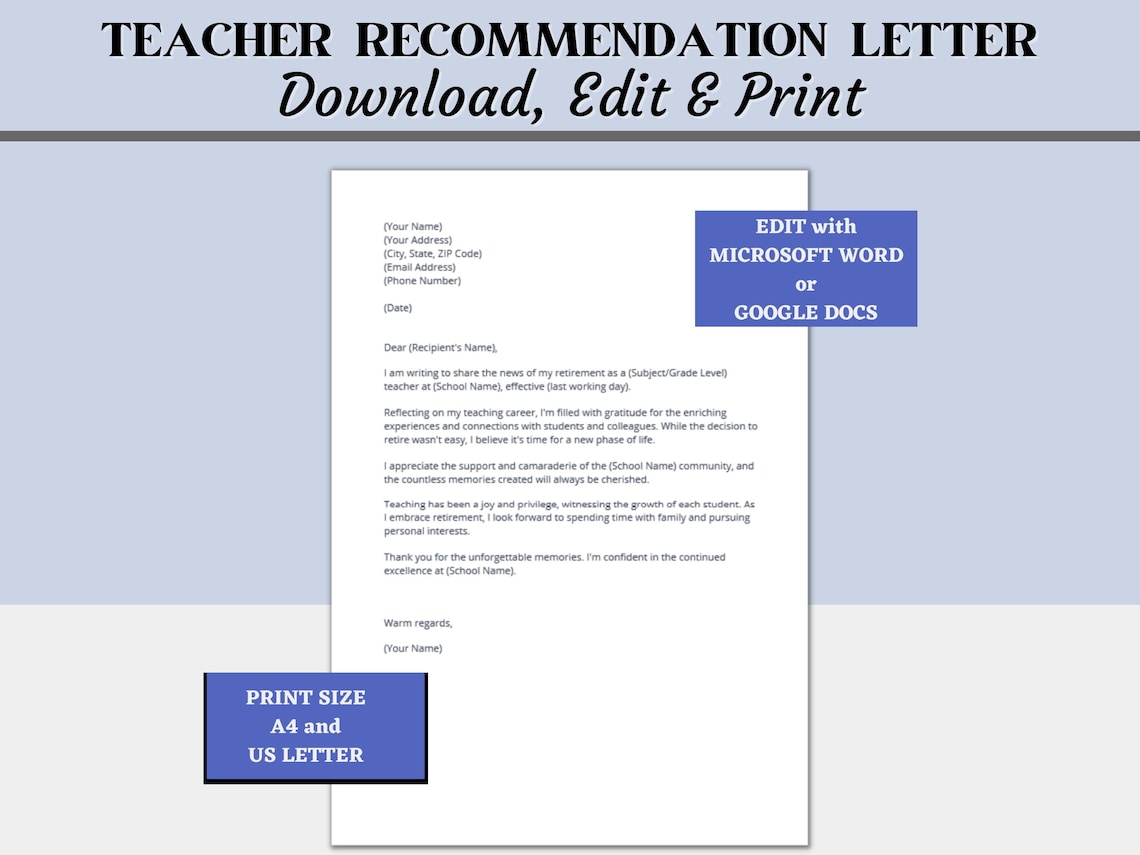 Letter of Recommendation Template for a Teacher- Capture Your Teachers ...