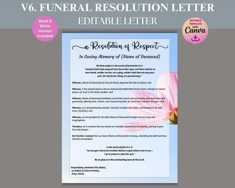 Editable Funeral Resolution Letter for Funeral Service, Resolution ...