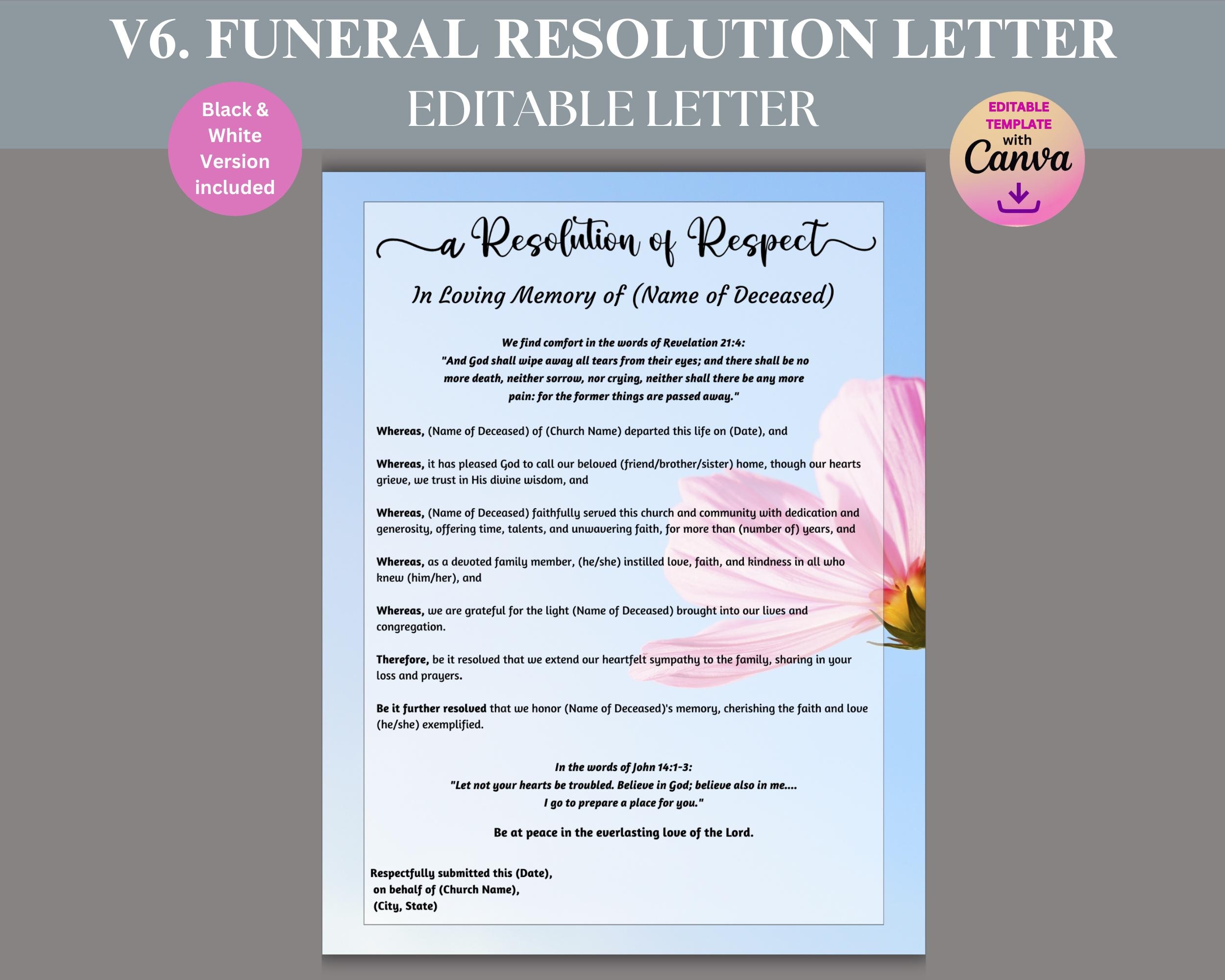 Editable Funeral Resolution Letter for Funeral Service, Resolution ...