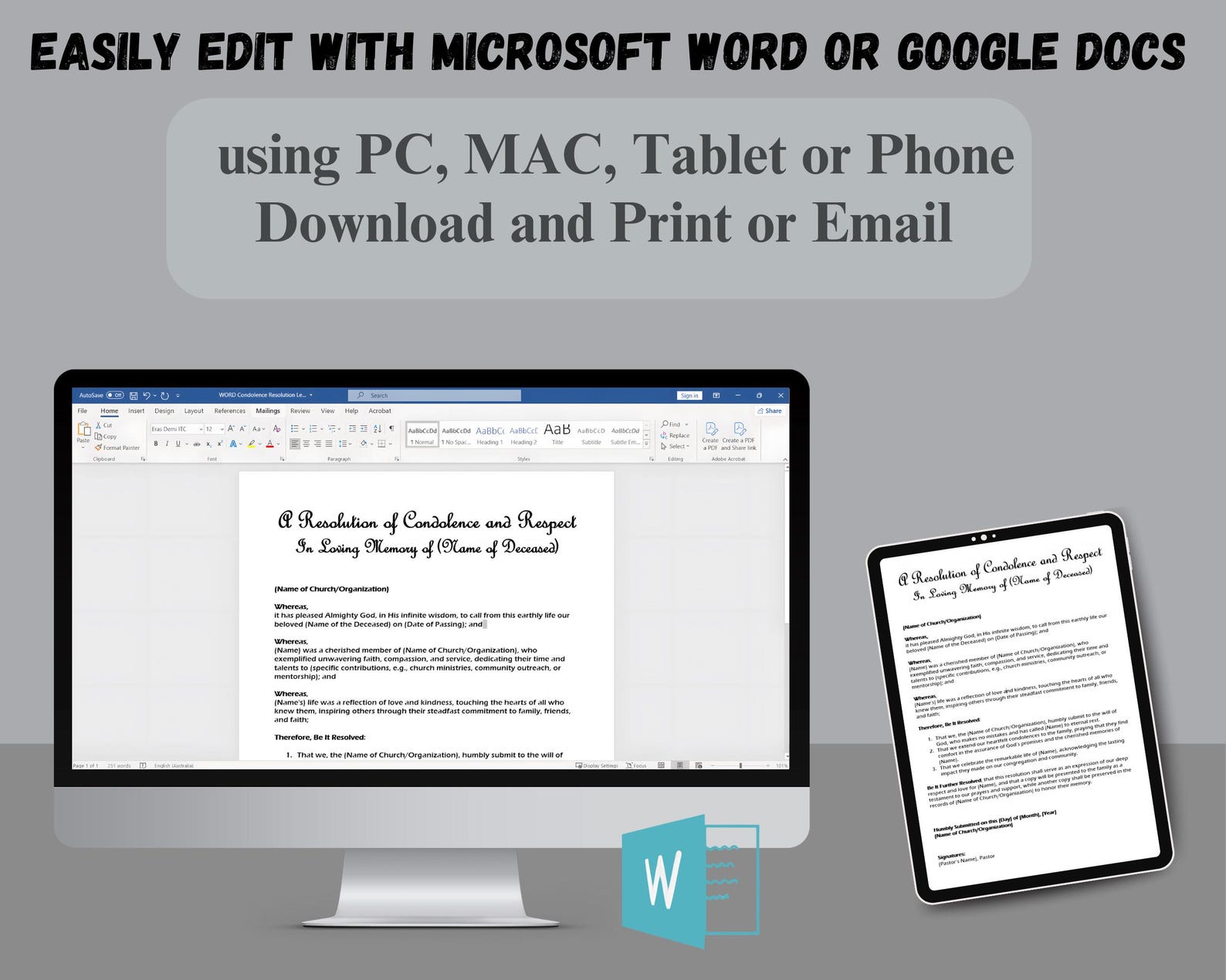 Editable Funeral Resolution Letter of Condolence and Respect, in Loving ...