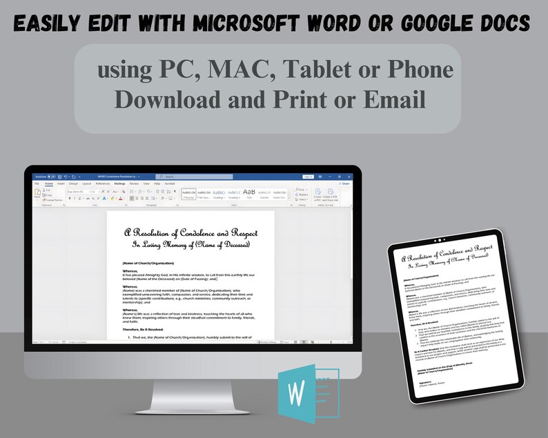 Editable Funeral Resolution Letter of Condolence and Respect, in Loving ...