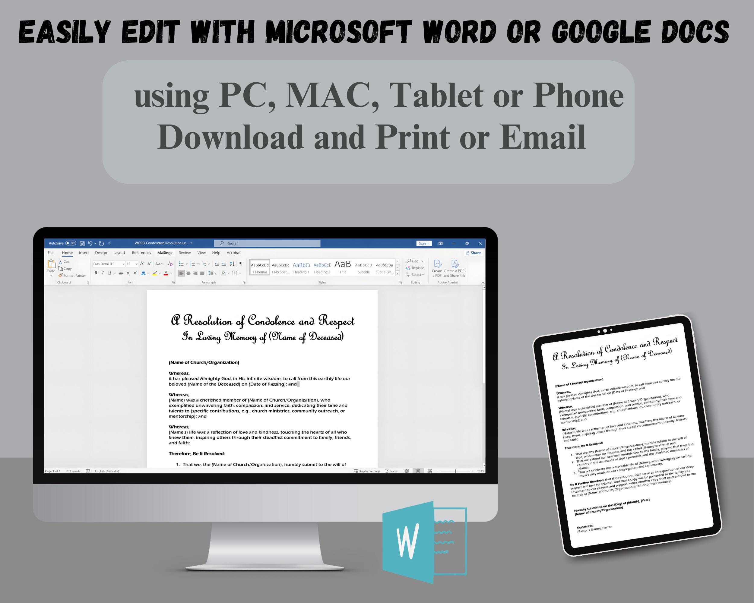 Editable Funeral Resolution Letter of Condolence and Respect, in Loving ...