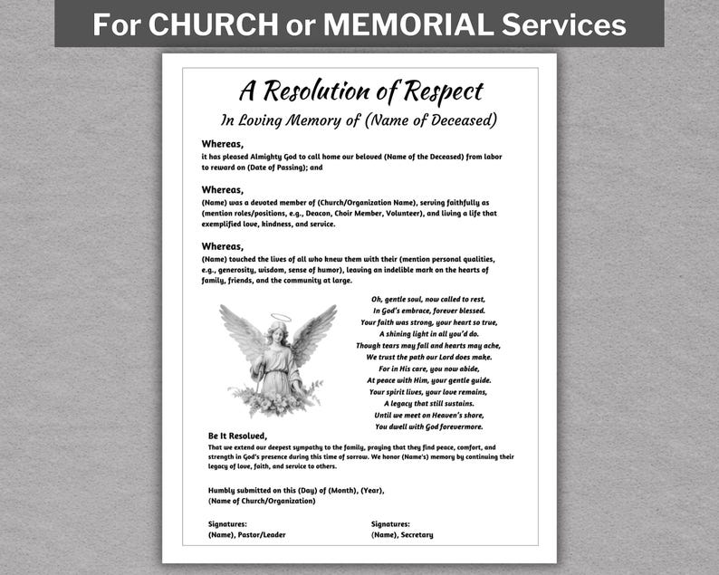 Funeral Resolution Letter Editable, for Use at Memorial Service Letter ...