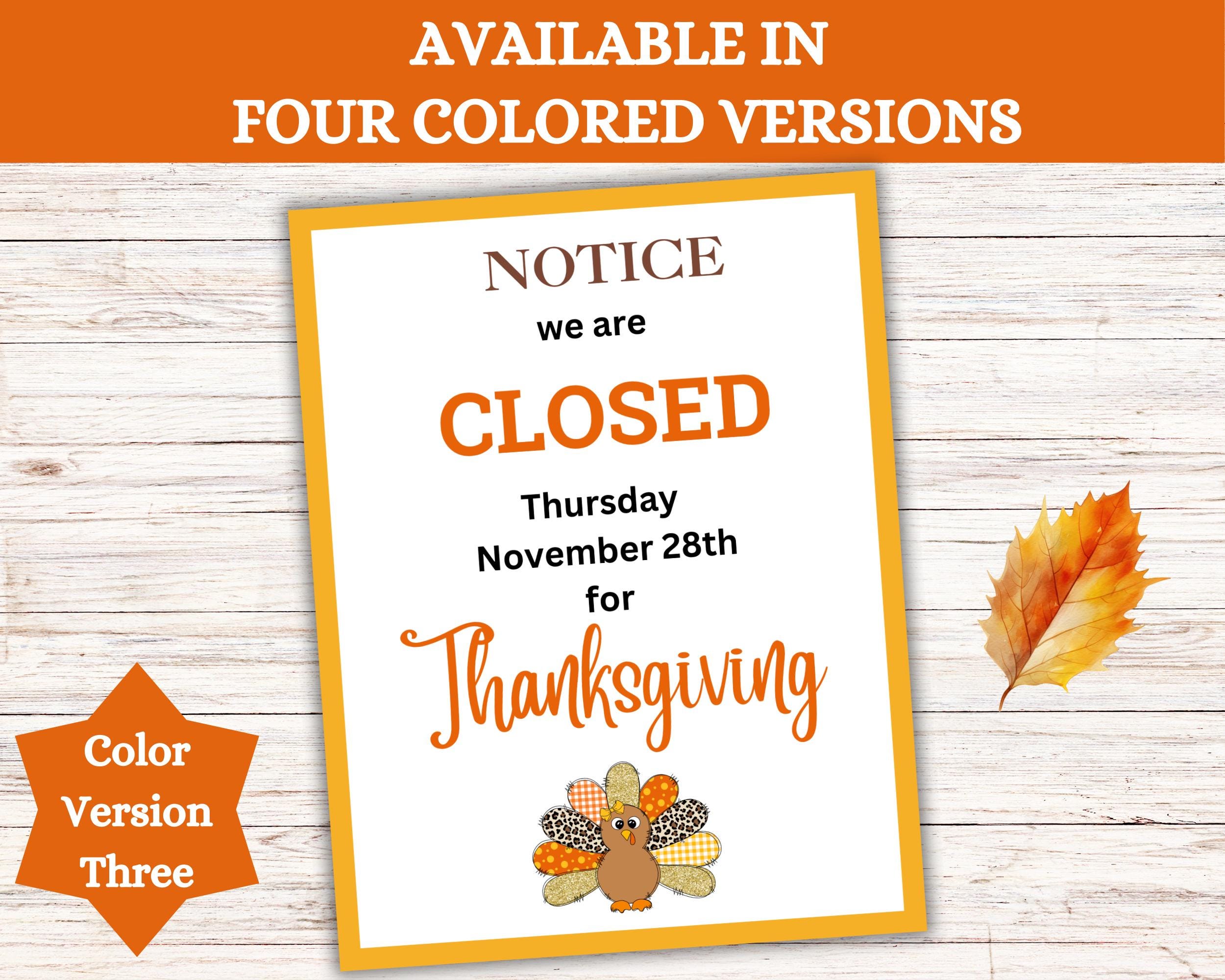 Closed Thanksgiving Sign, Editable Office Sign for Door, Business ...