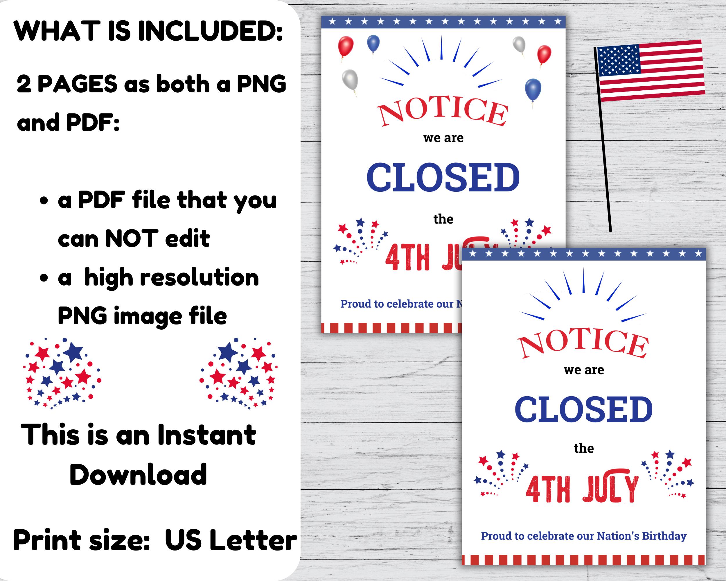 4th July Closed Sign for Door, Office Closed for the Holiday Sign ...