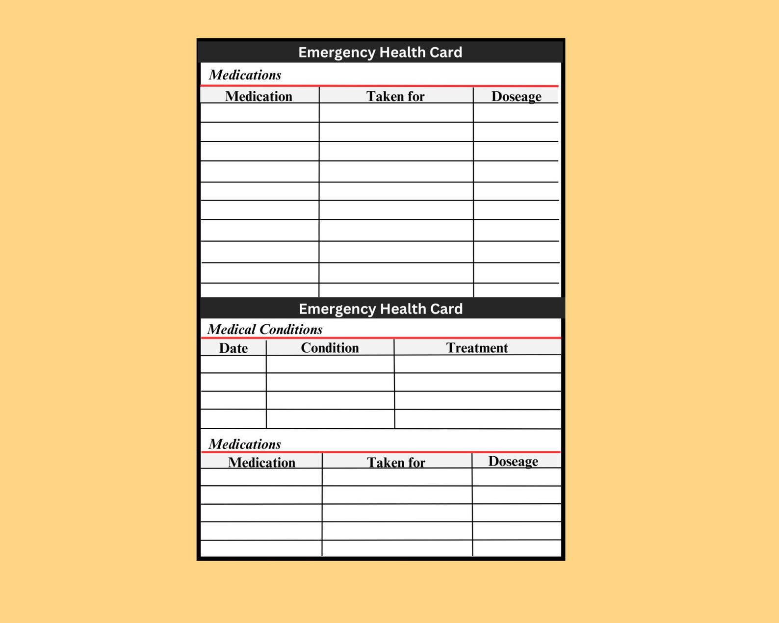 Editable Medical Information Card, Wallet Card With Medication Log and ...