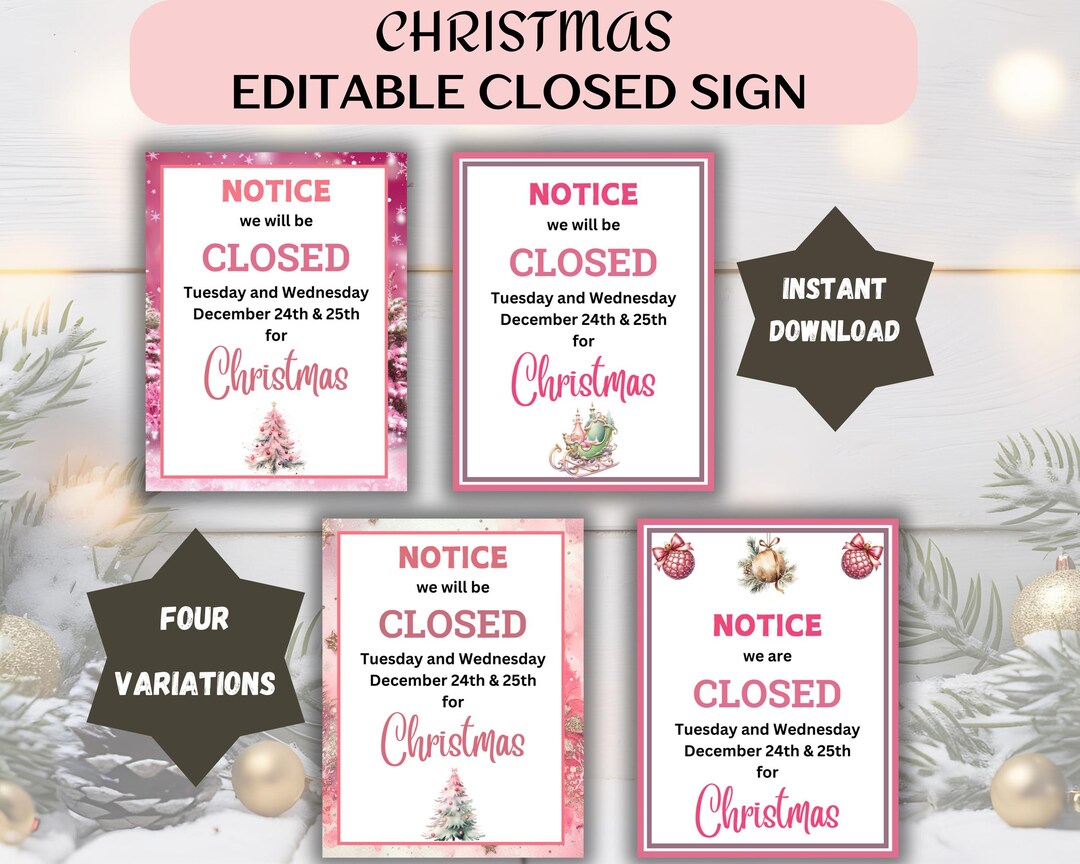 Editable Closed Christmas Sign, Business Closed Sign for Door, Office ...