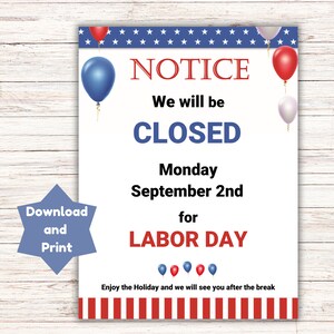 Labor Day Closed Sign for Door Printable Sign, Closed on Labor Day ...