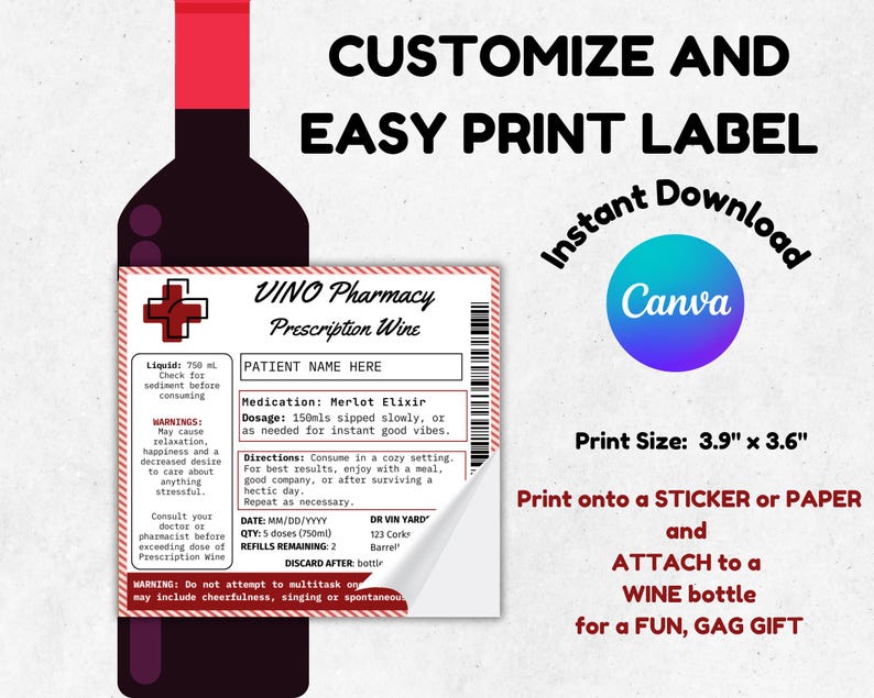 Wine Label Gag Gift, Editable Wine Bottle Label Template, Printable ...