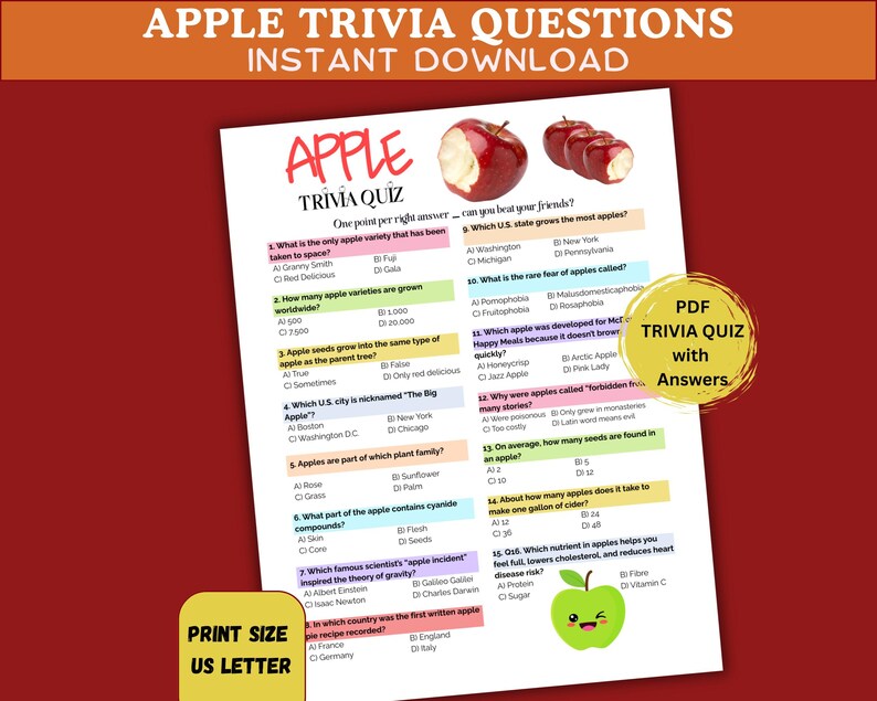 Apple Trivia Game, Printable Trivia Games, Thanksgiving Holiday Game ...