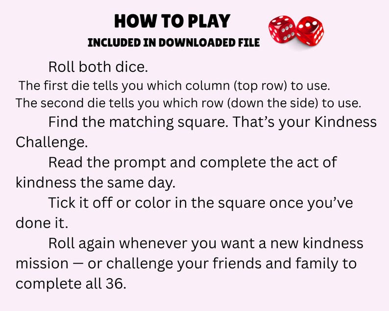 Roll a Dice a Kindness Challenge Game, 30 Day Kindness Challenge ...