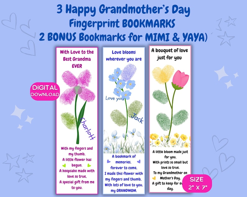 Grandmother Mother's Day Printable Bookmark, Kids Fingerprint Art ...