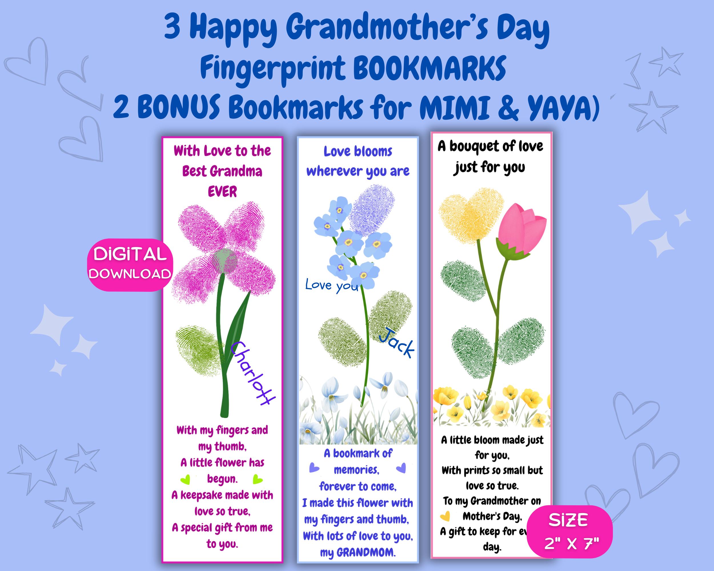 Grandmother Mother's Day Printable Bookmark, Kids Fingerprint Art ...