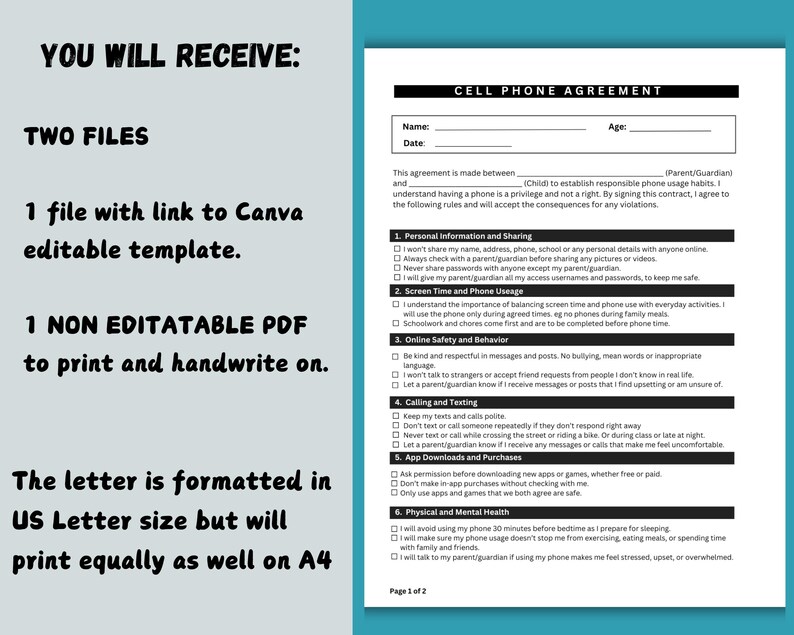 Editable Cell Phone Agreement, Family Rules With a Printable Phone ...