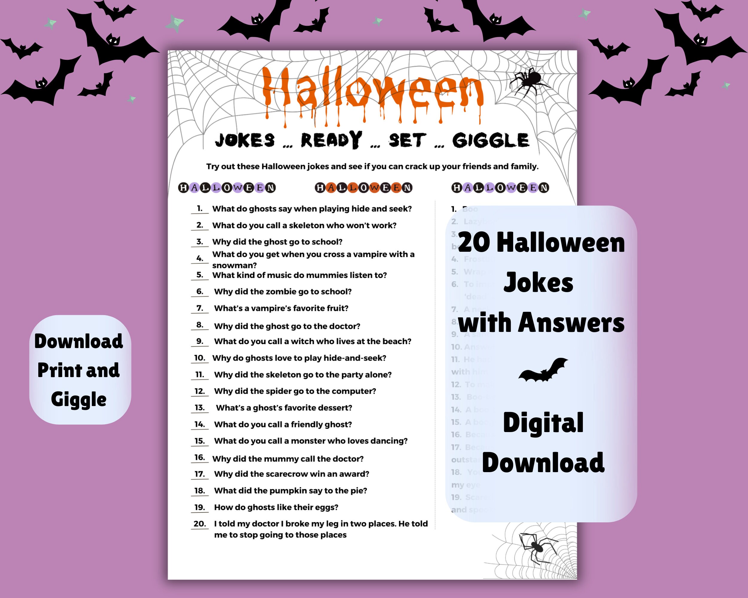 20 Halloween Printable Jokes for Kids and Teens - Digital Download for ...