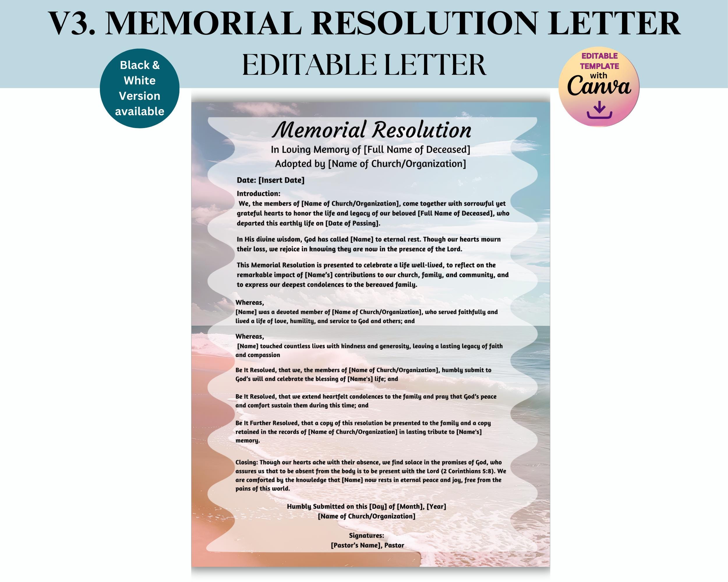 Memorial Resolution Letter, an Editable Letter Template for a Funeral ...