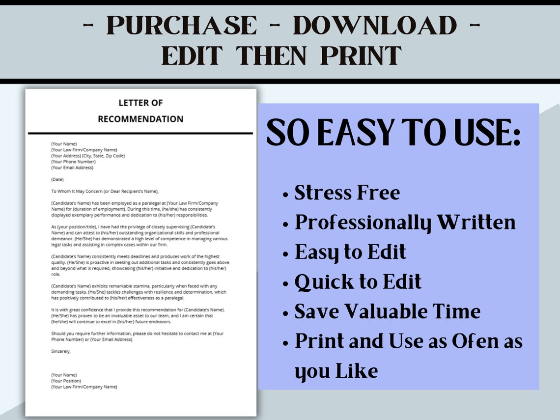 Paralegal Letter of Recommendation Template, Professional Reference ...