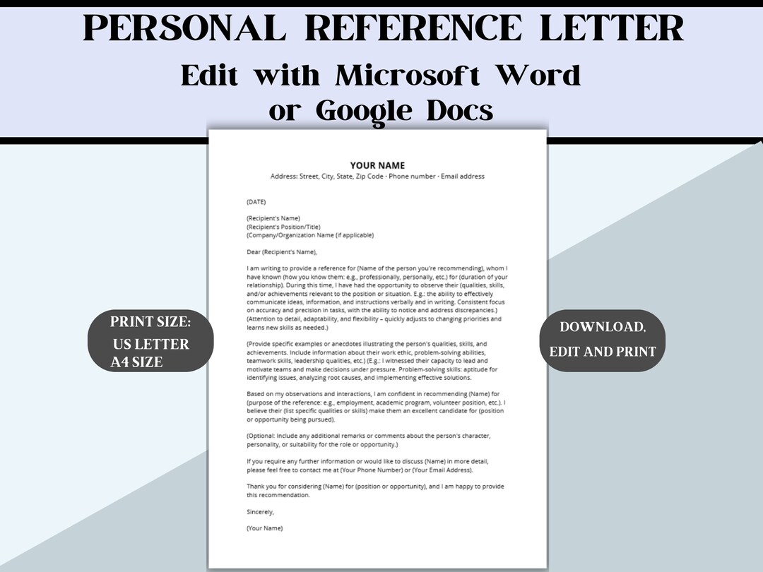 Personal Reference Letter Template, Letter of Recommendation ...