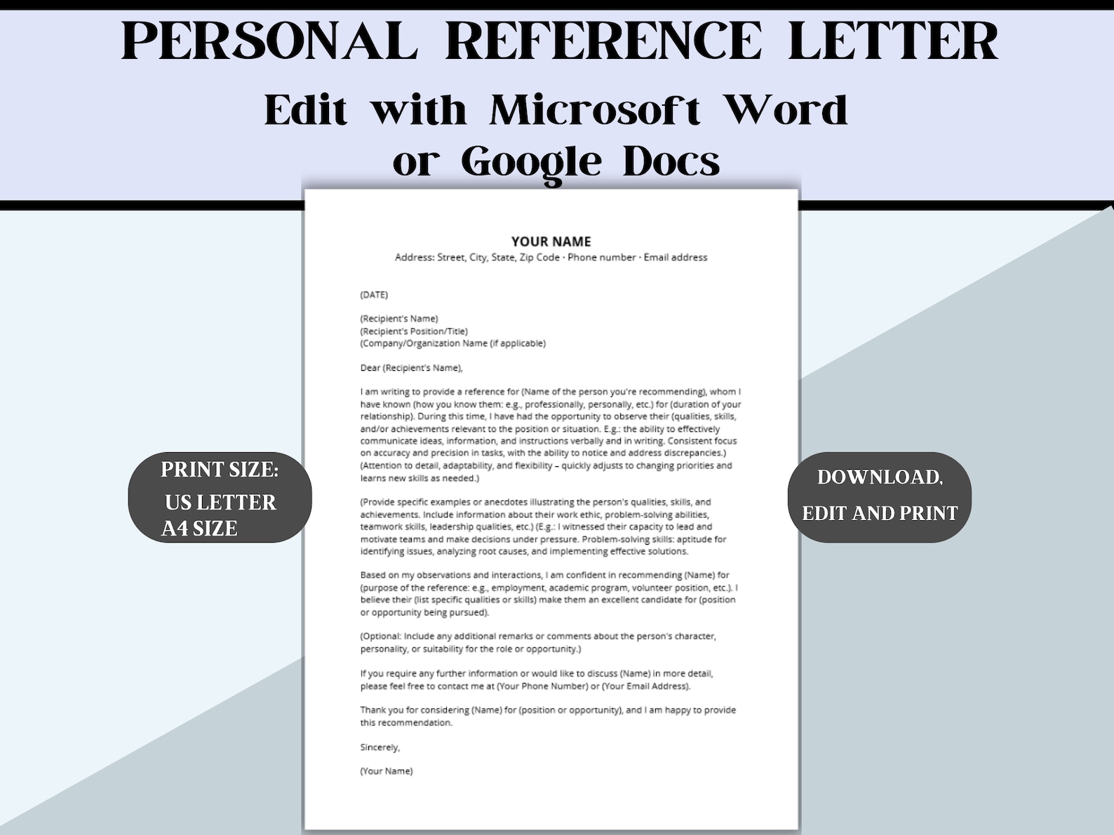 Personal Reference Letter Template, Letter of Recommendation ...