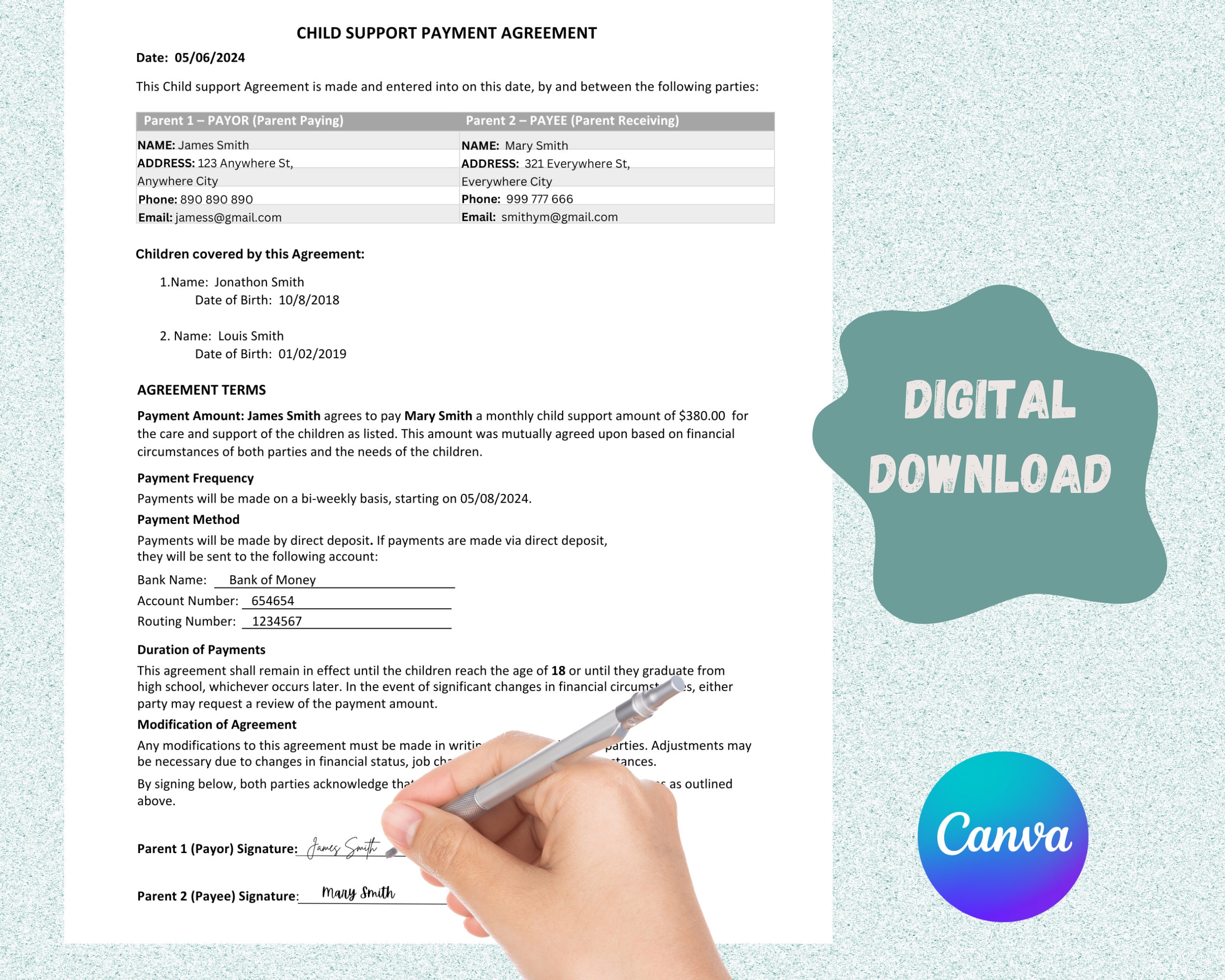 Editable Child Support Payment Agreement Letter - Personalize With Ease ...