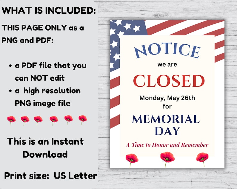 Memorial Day Closed Sign for Door a Printable Sign, Closed on Memorial ...
