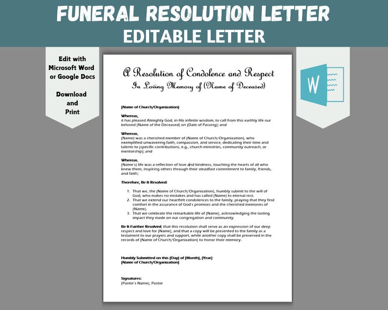 Editable Funeral Resolution Letter of Condolence and Respect, in Loving ...