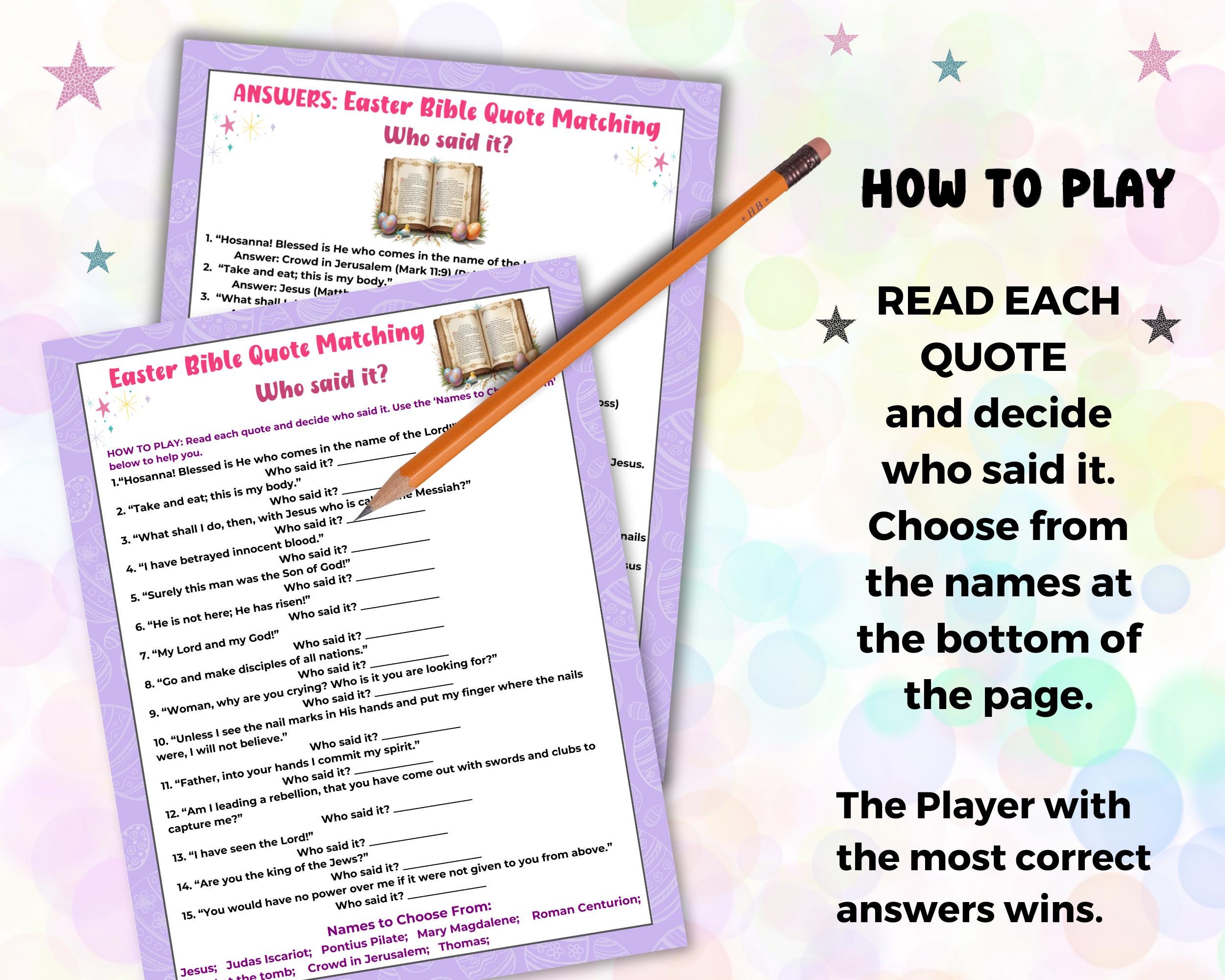 Bible Verse Matching Game 'who Said It' Christian Easter Fun, Sunday ...