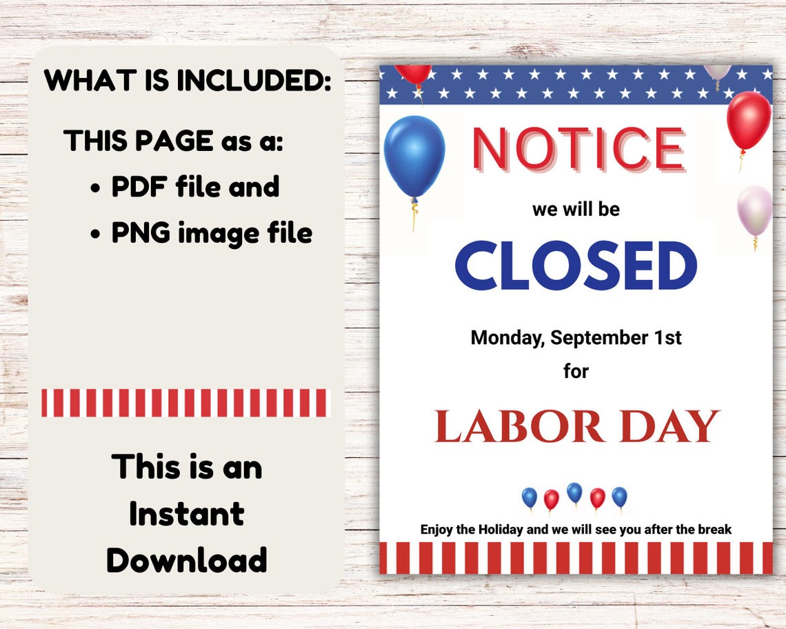 Labor Day Closed Sign for Door Printable Sign, Closed on Labor Day ...