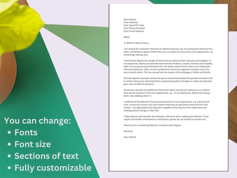 Court Character Letter or Reference Letter for Court, Editable Template ...