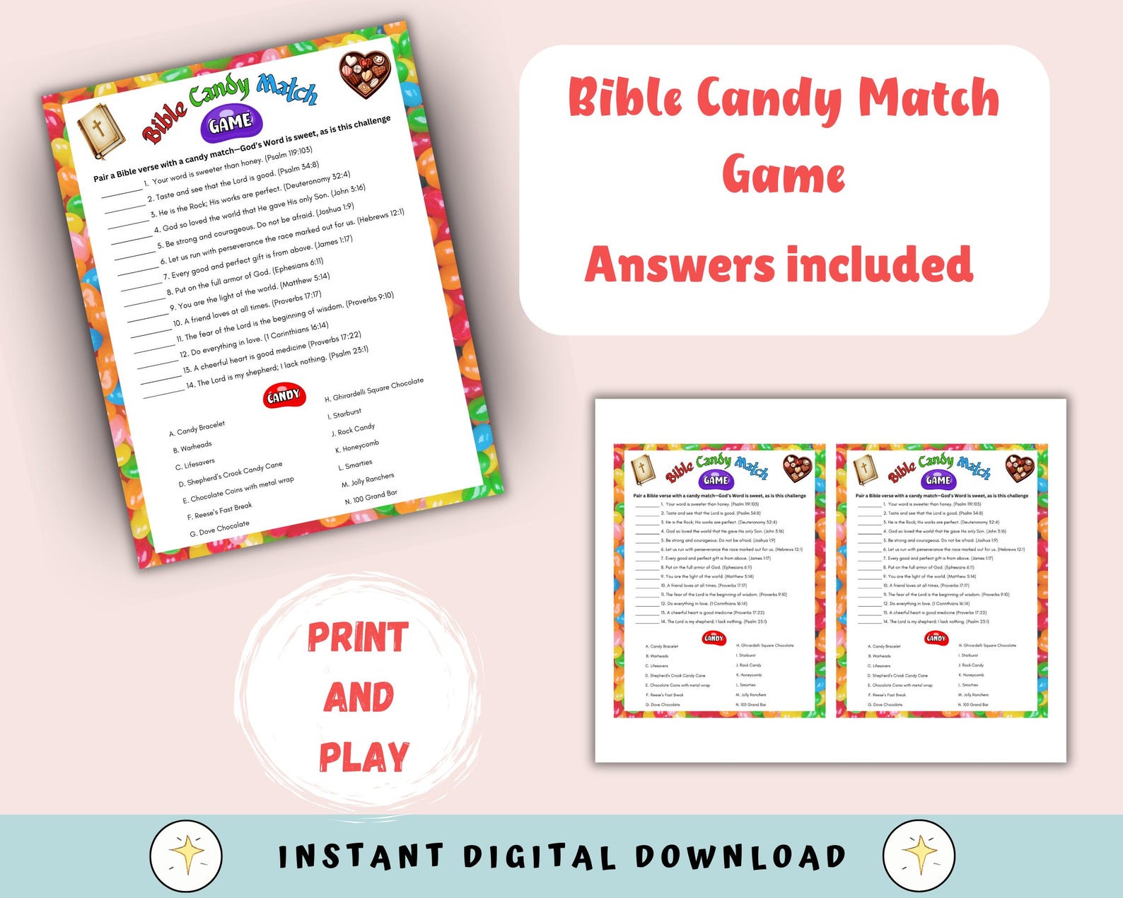 Bible Game, Bible Candy Match Christian Game, Printable Candy Trivia ...