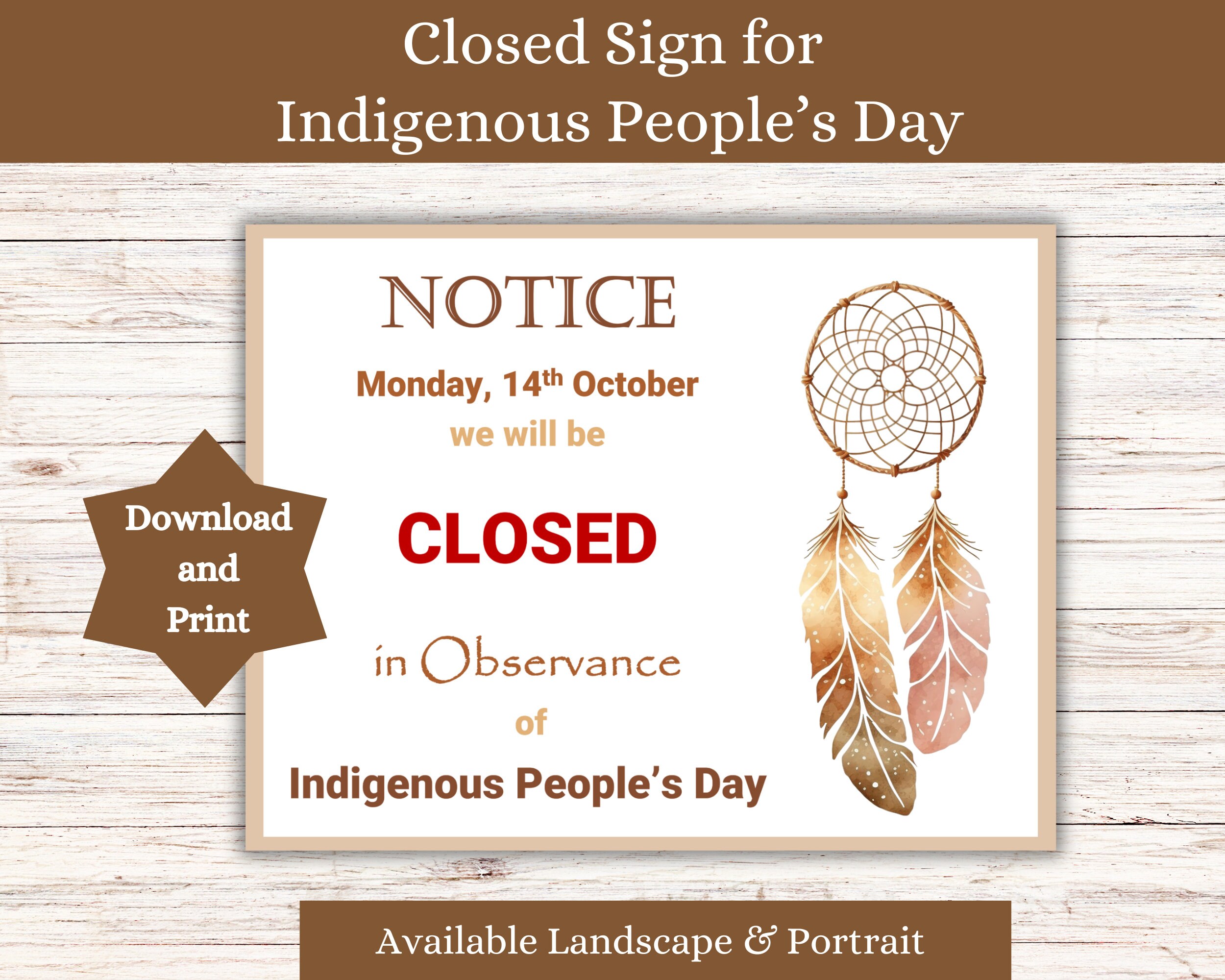 Indigenous People's Day Closed Sign for Door a Printable Sign, Closed on Indigenous People's Day ...