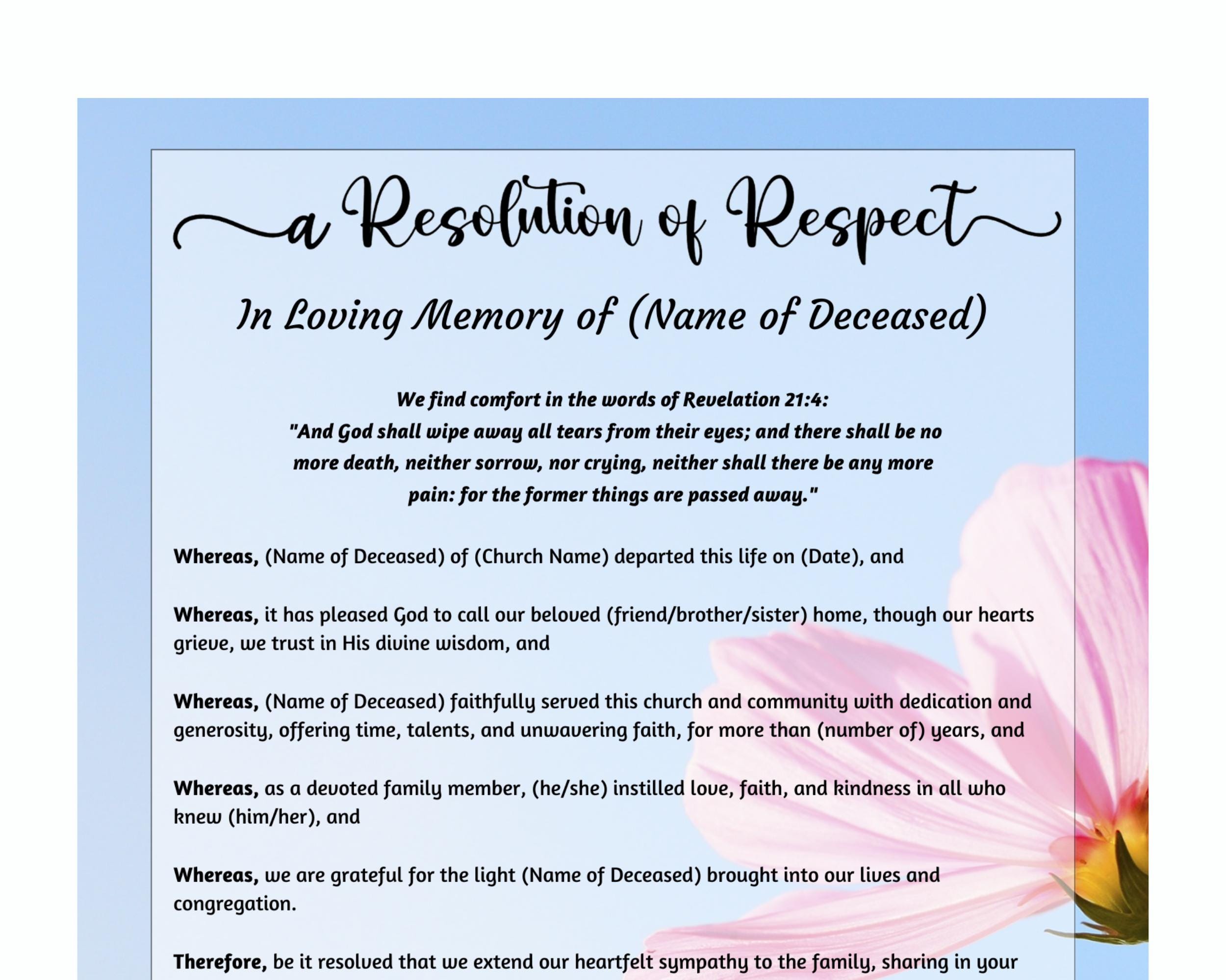 Editable Funeral Resolution Letter for Funeral Service, Resolution ...
