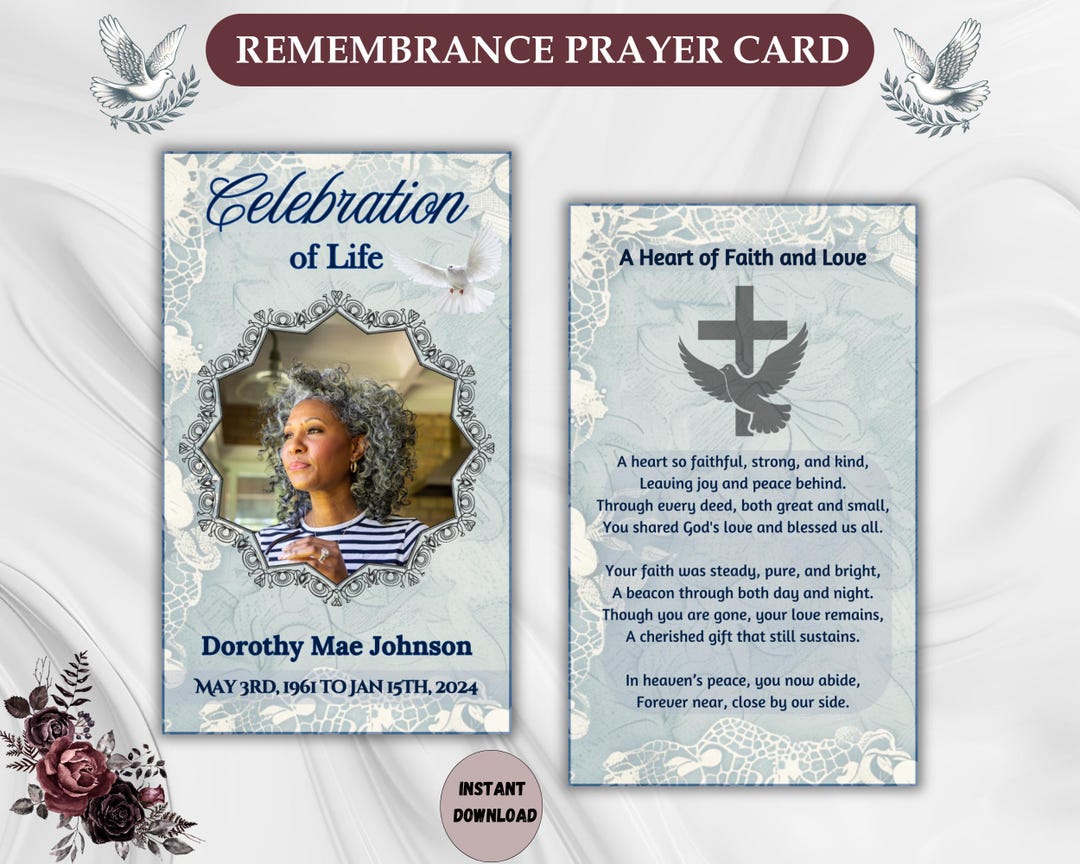 Funeral Prayer Cards for a Memorial Service, Celebration of Life ...