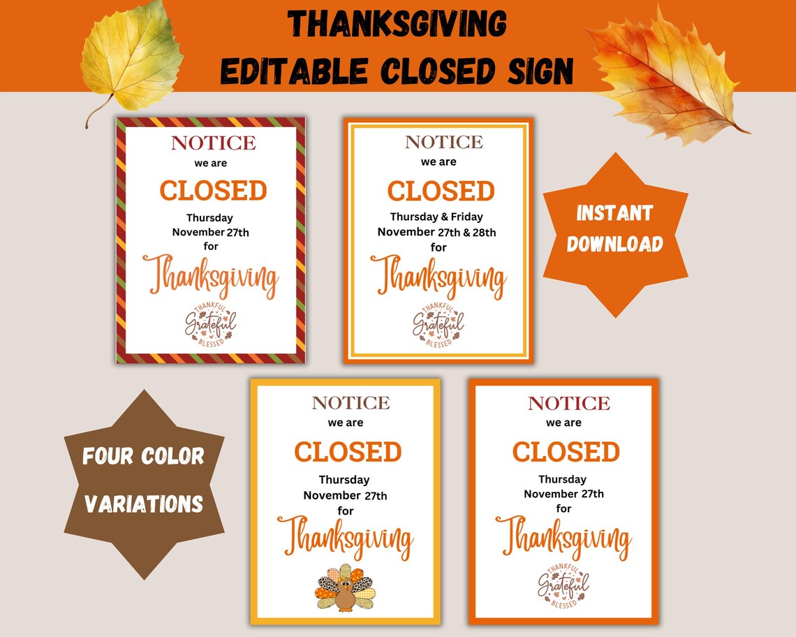 Closed Thanksgiving Sign, Editable Office Sign for Door, Business ...