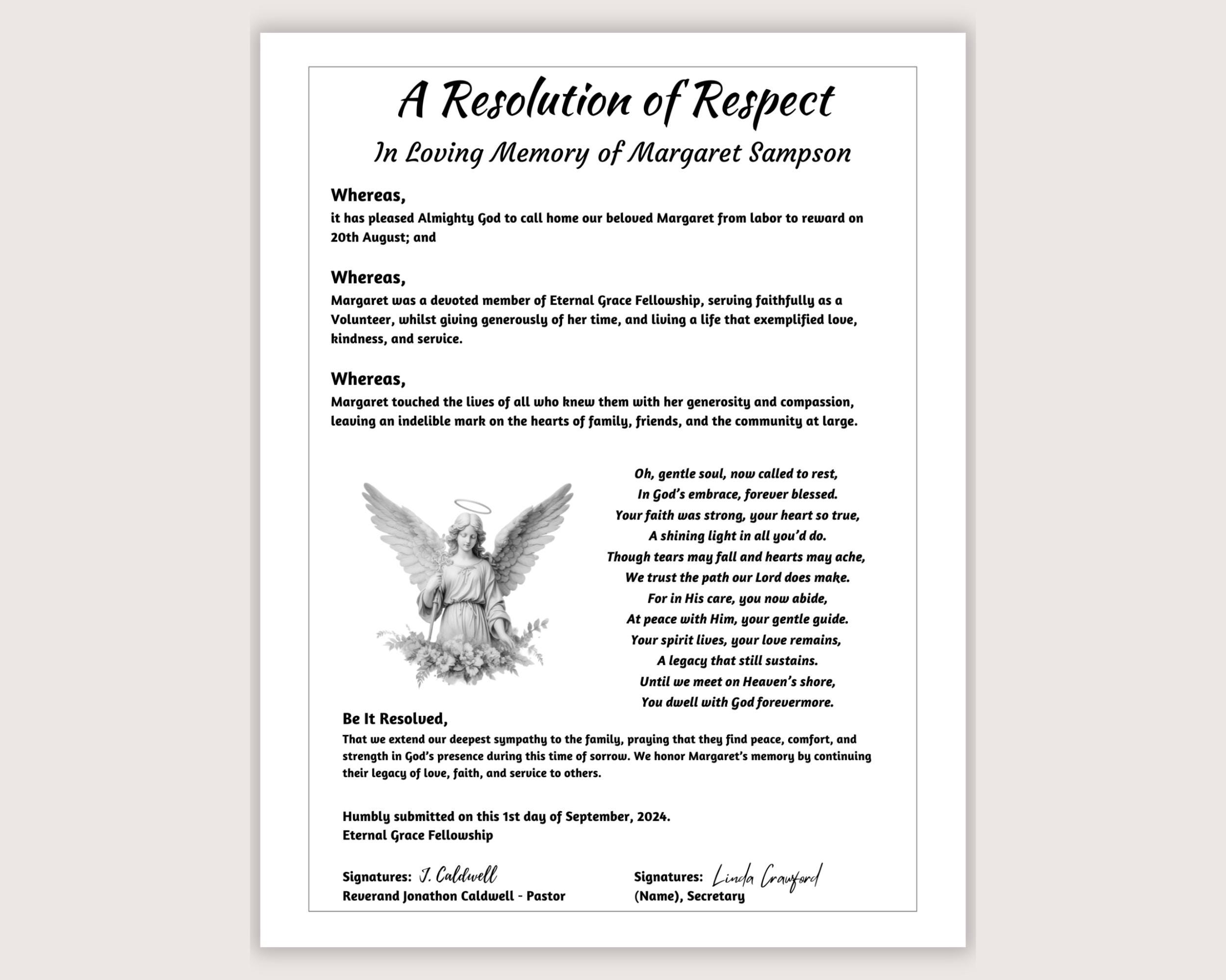 Funeral Resolution Letter Editable, for Use at Memorial Service Letter ...