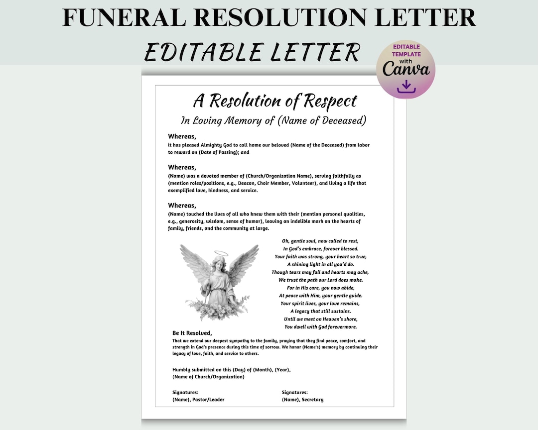 Funeral Resolution Letter Editable, for Use at Memorial Service Letter ...
