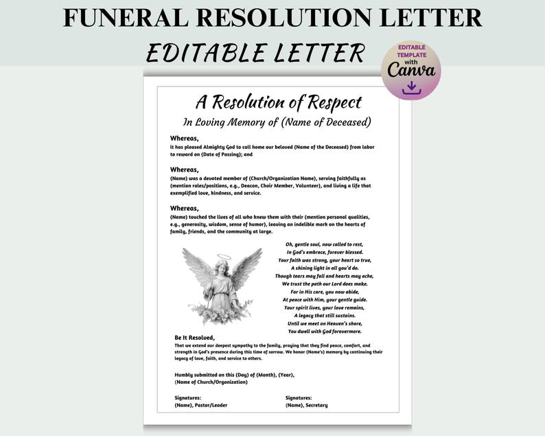 Funeral Resolution Letter Editable, for Use at Memorial Service Letter ...