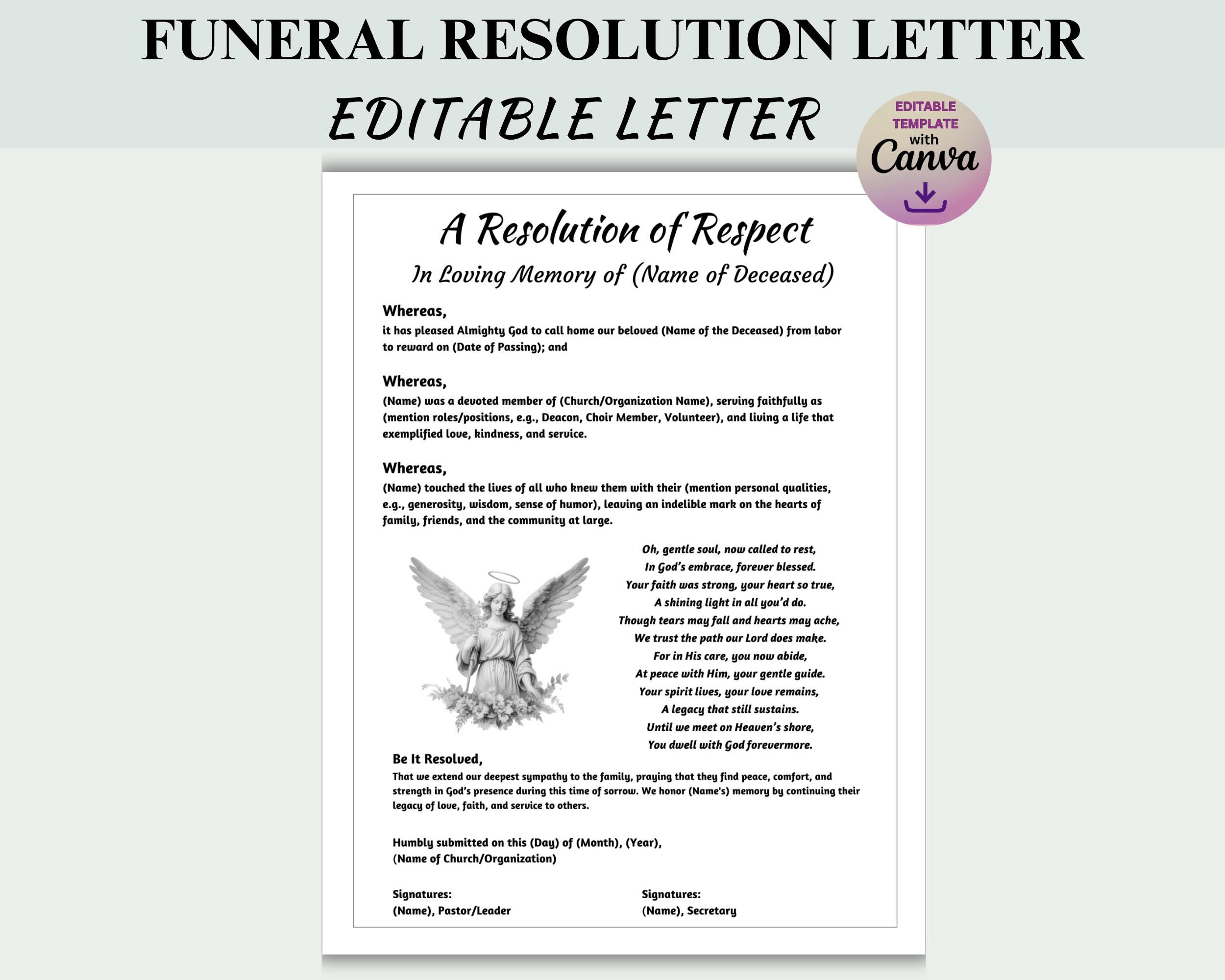 Funeral Resolution Letter Editable, for Use at Memorial Service Letter ...