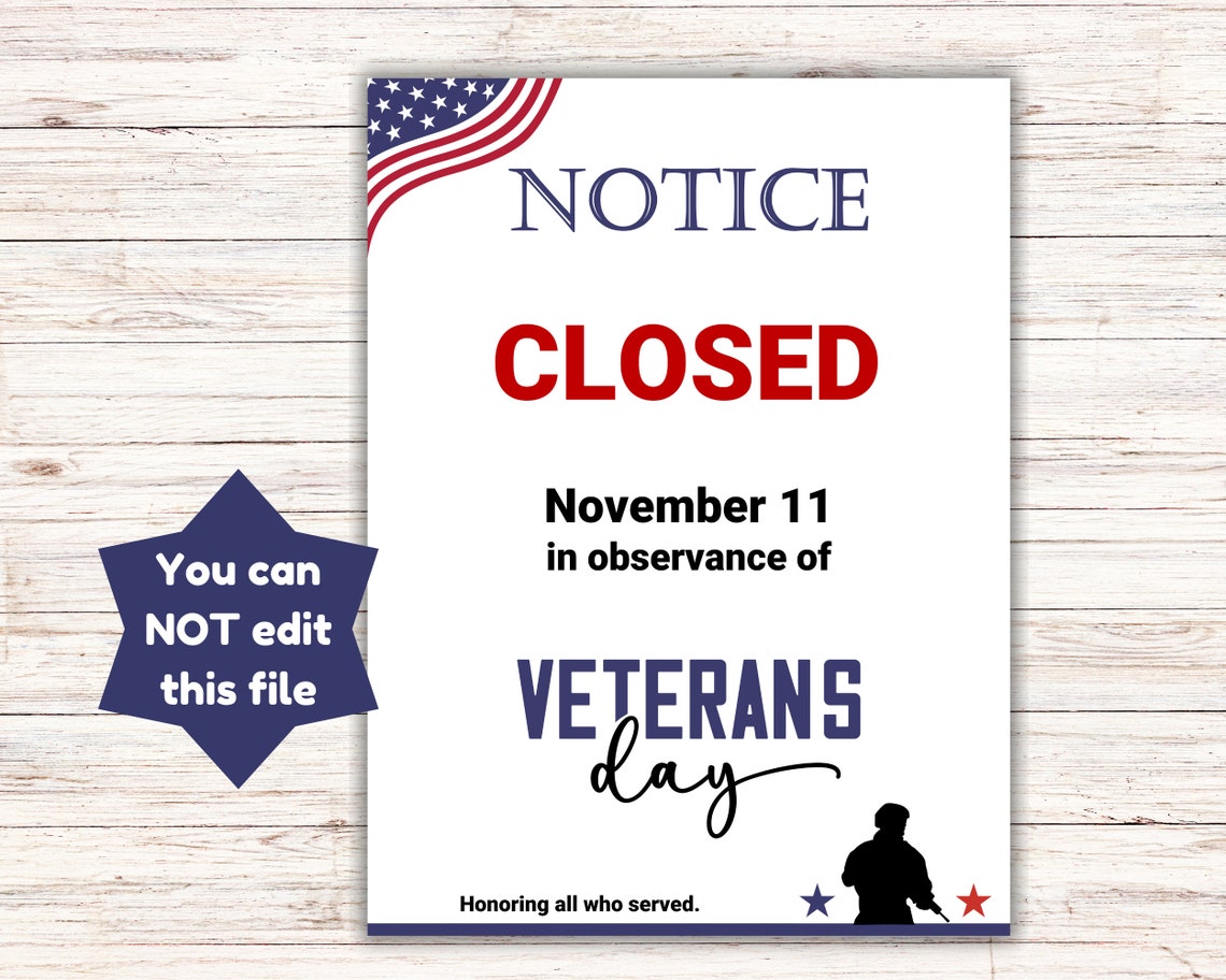 Veteran's Day Printable Closed Sign for Door, Holiday Closure on ...