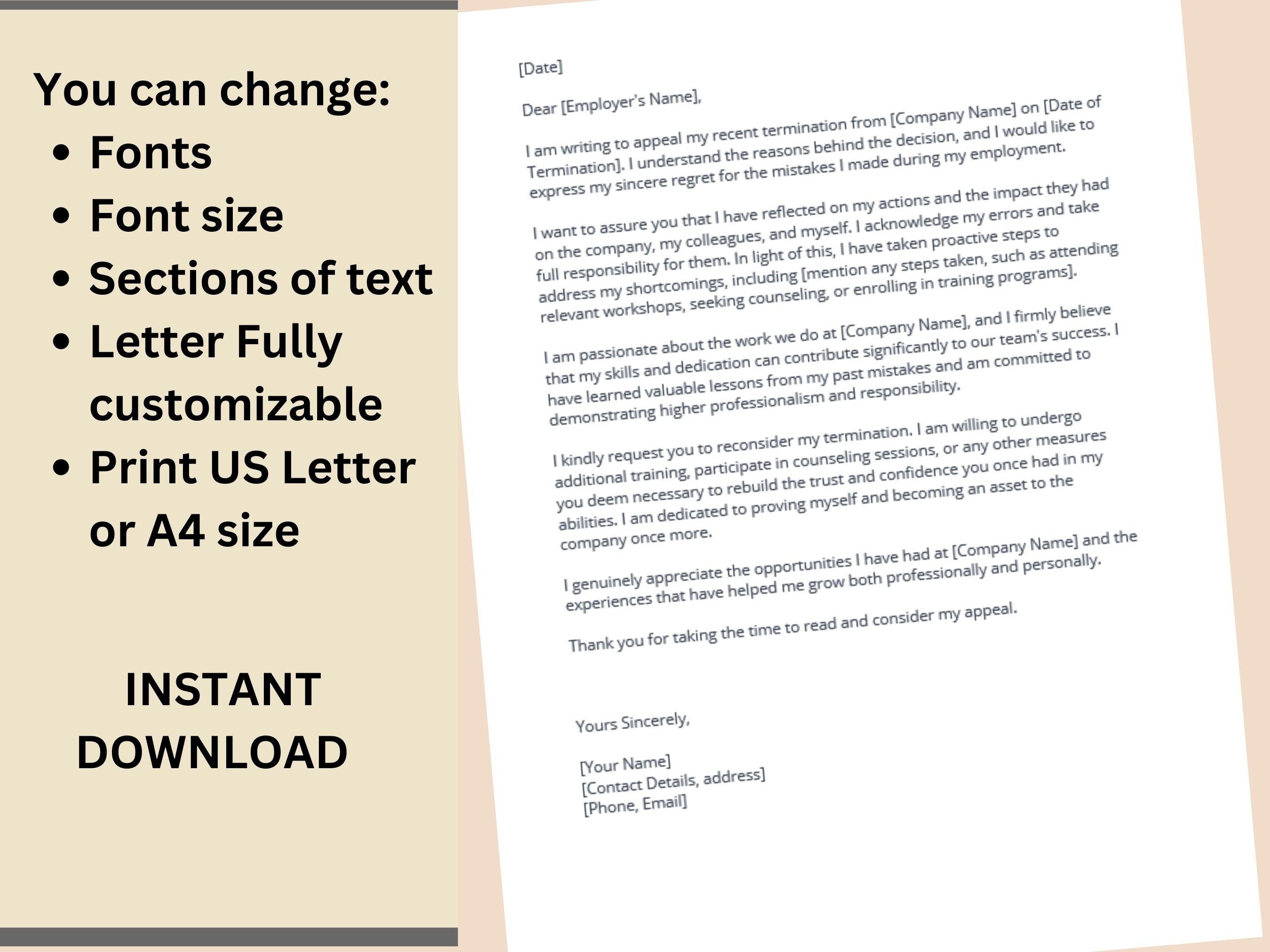 Job Termination Appeal Letter, Professional Letter Template to Appeal ...